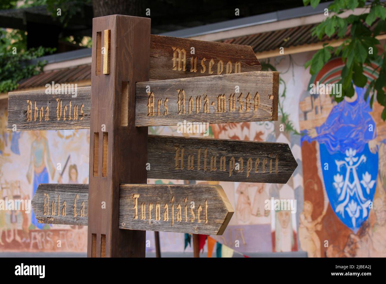 Wooden direction signs at the June Medieval Market in Turku Finland ...