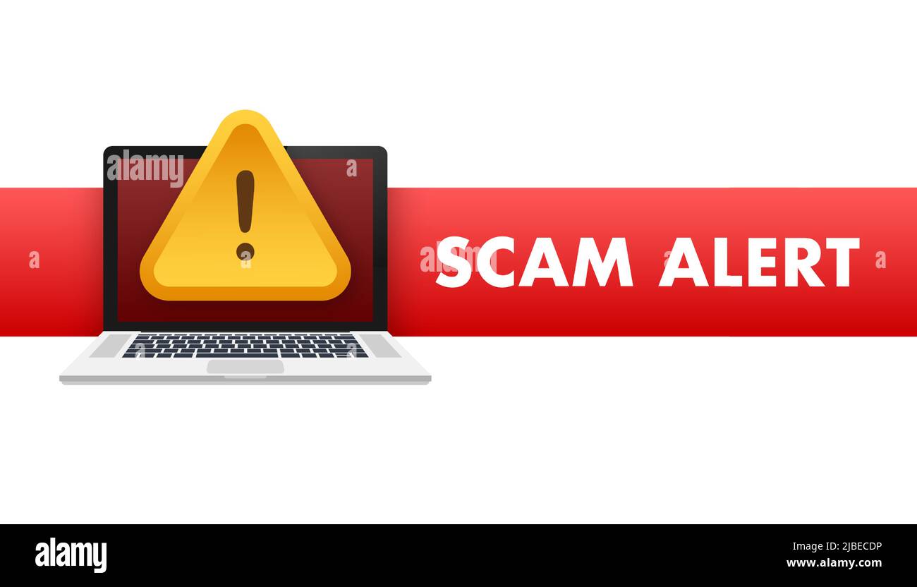 Banner with red scam alert. Attention sign. Cyber security icon ...