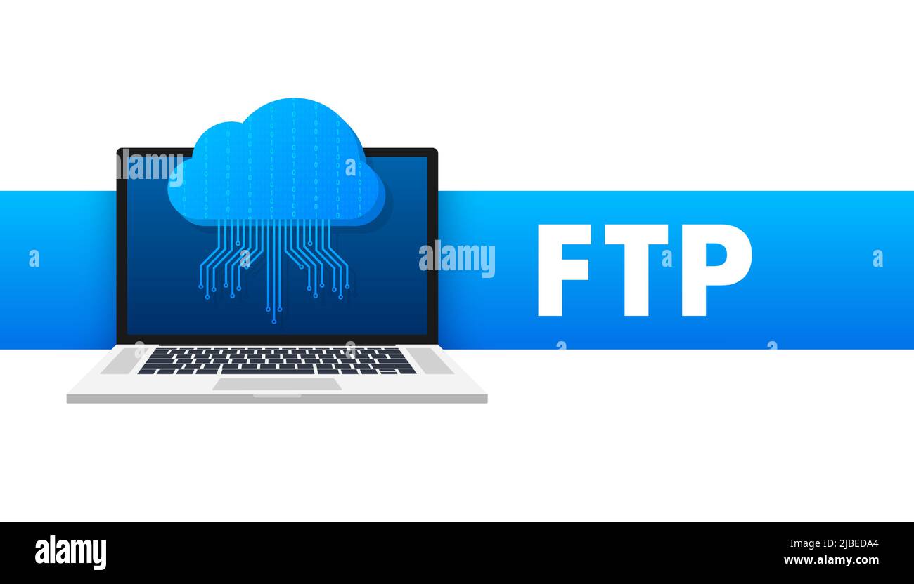 FTP file transfer icon on laptop. FTP technology icon. Transfer data to ...
