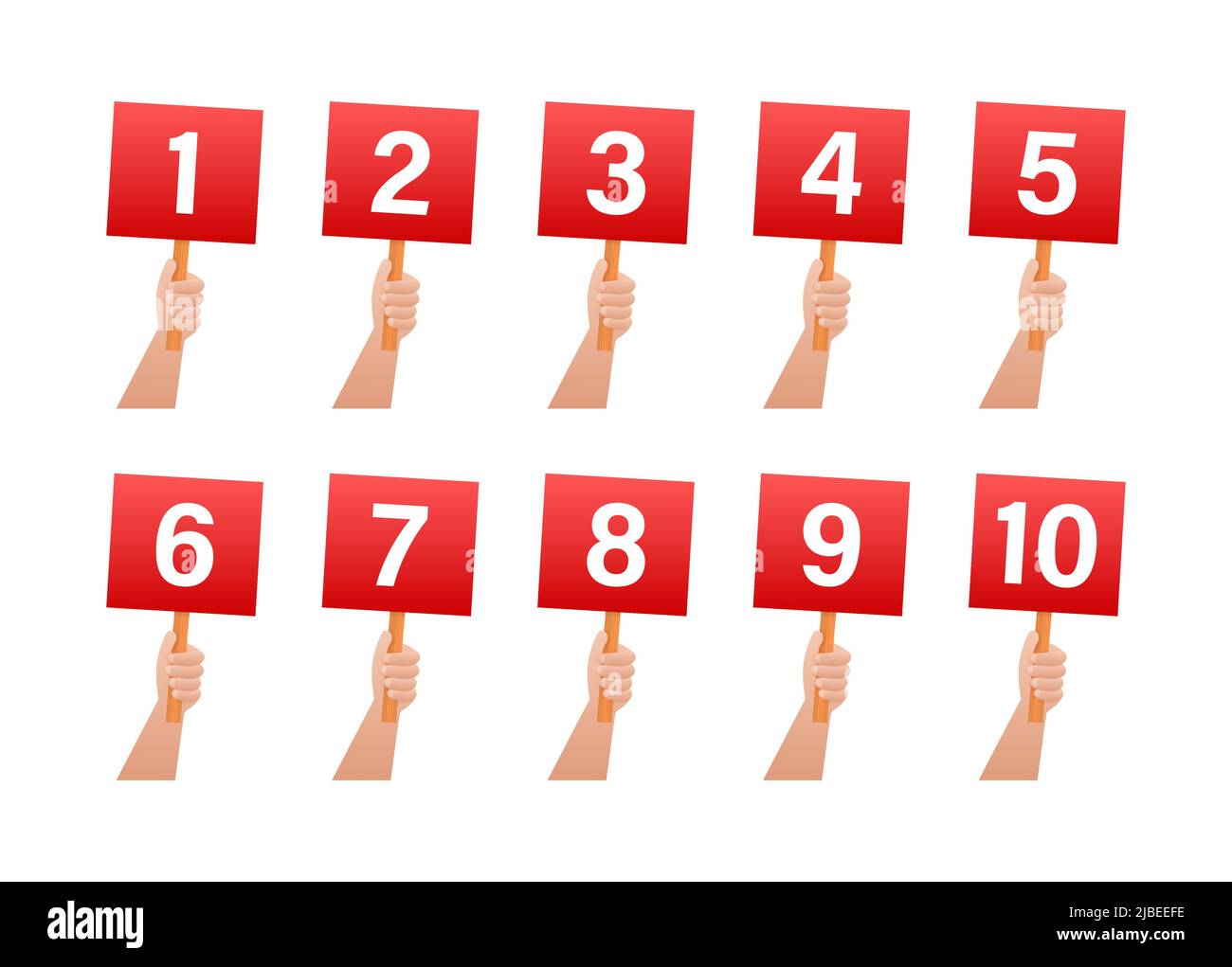 Cartoon card with jury rate. Hands holding score cards with numbers ...