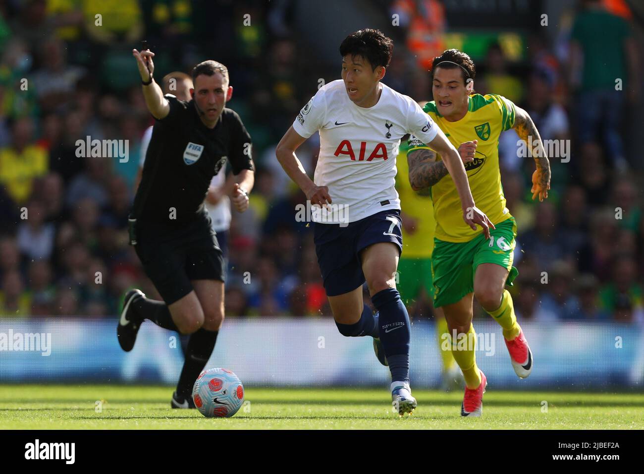 Son Heung-Min of Tottenham Hotspur and Mathias Normann of Norwich City ...