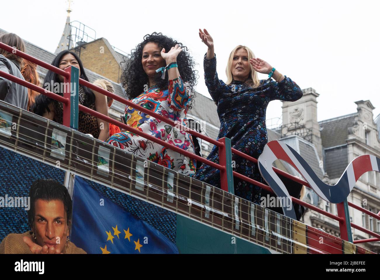London, UK. 5th June 2022. Actress Patsy Kensit dances on a bus which ...
