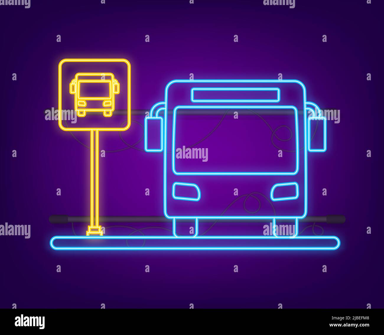 Blue banner with bus station. Neon icon. Vector line illustration ...