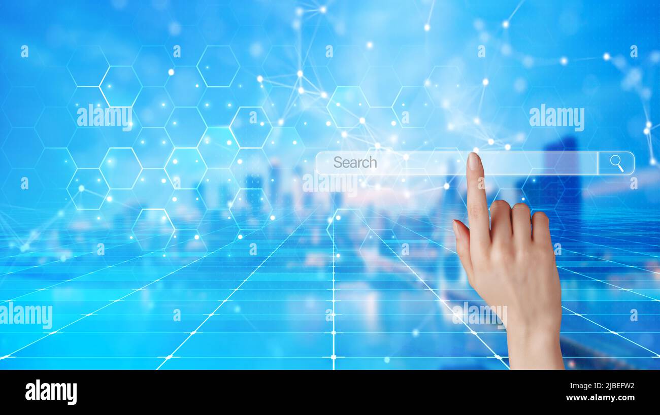 Women hand clicking internet search bar on computer touch screen Blank ...