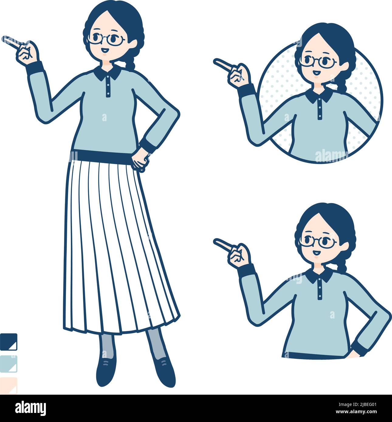 A young woman with glasses with Explanation Pointing images.It's vector ...