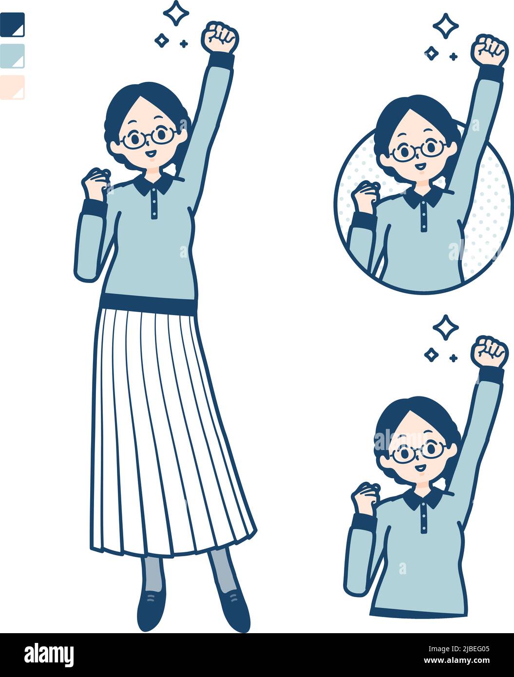 A young woman with glasses with fist pump images.It's vector art so it ...