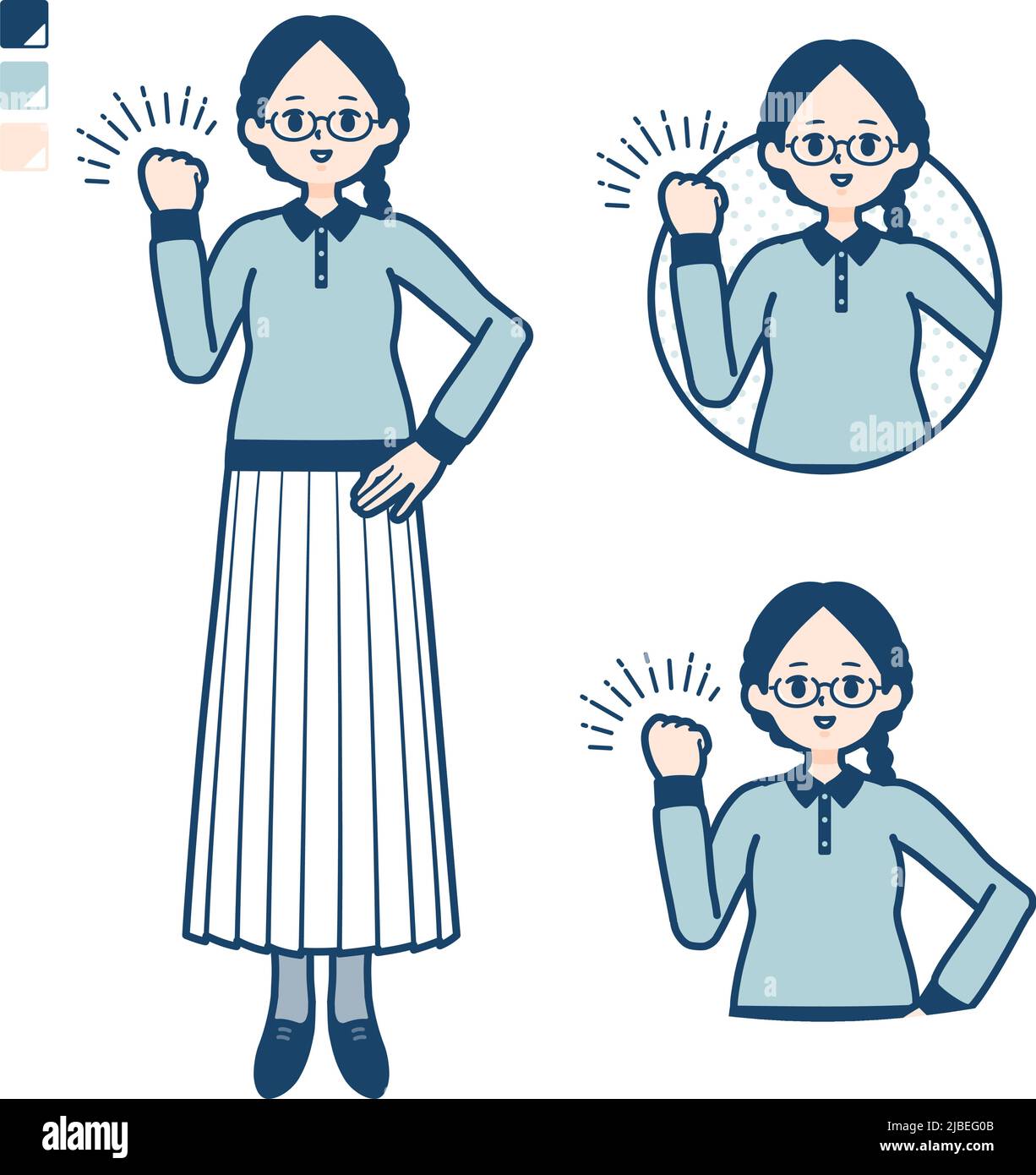 A young woman with glasses with fist pump images.It's vector art so it ...