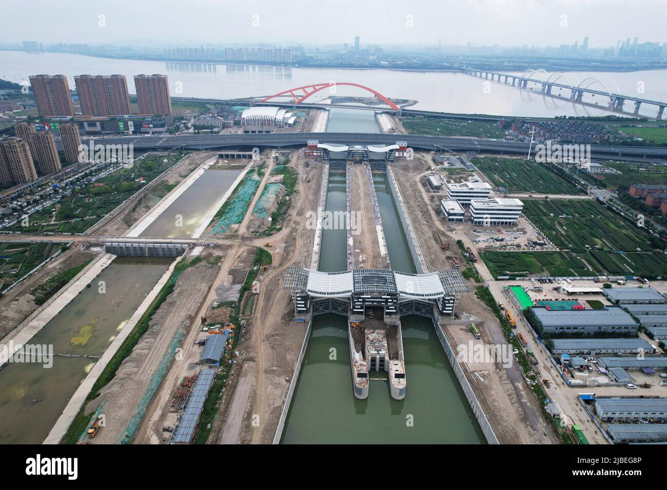 HANGZHOU, CHINA - JUNE 6, 2022 - An aerial view of the Babao Ship lock ...