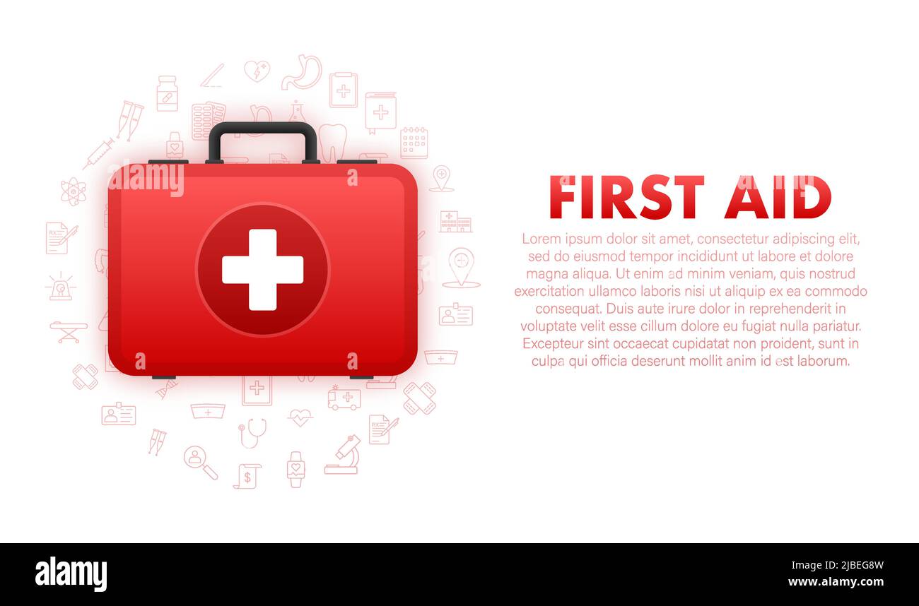 Cartoon icon with red first aid on white background for medical design ...