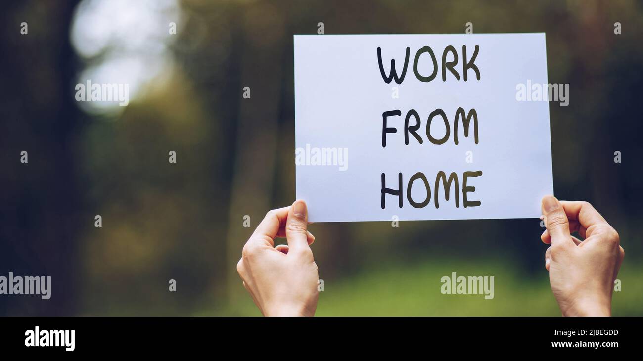 Hand show holding paper with word text work from home Stock Photo - Alamy