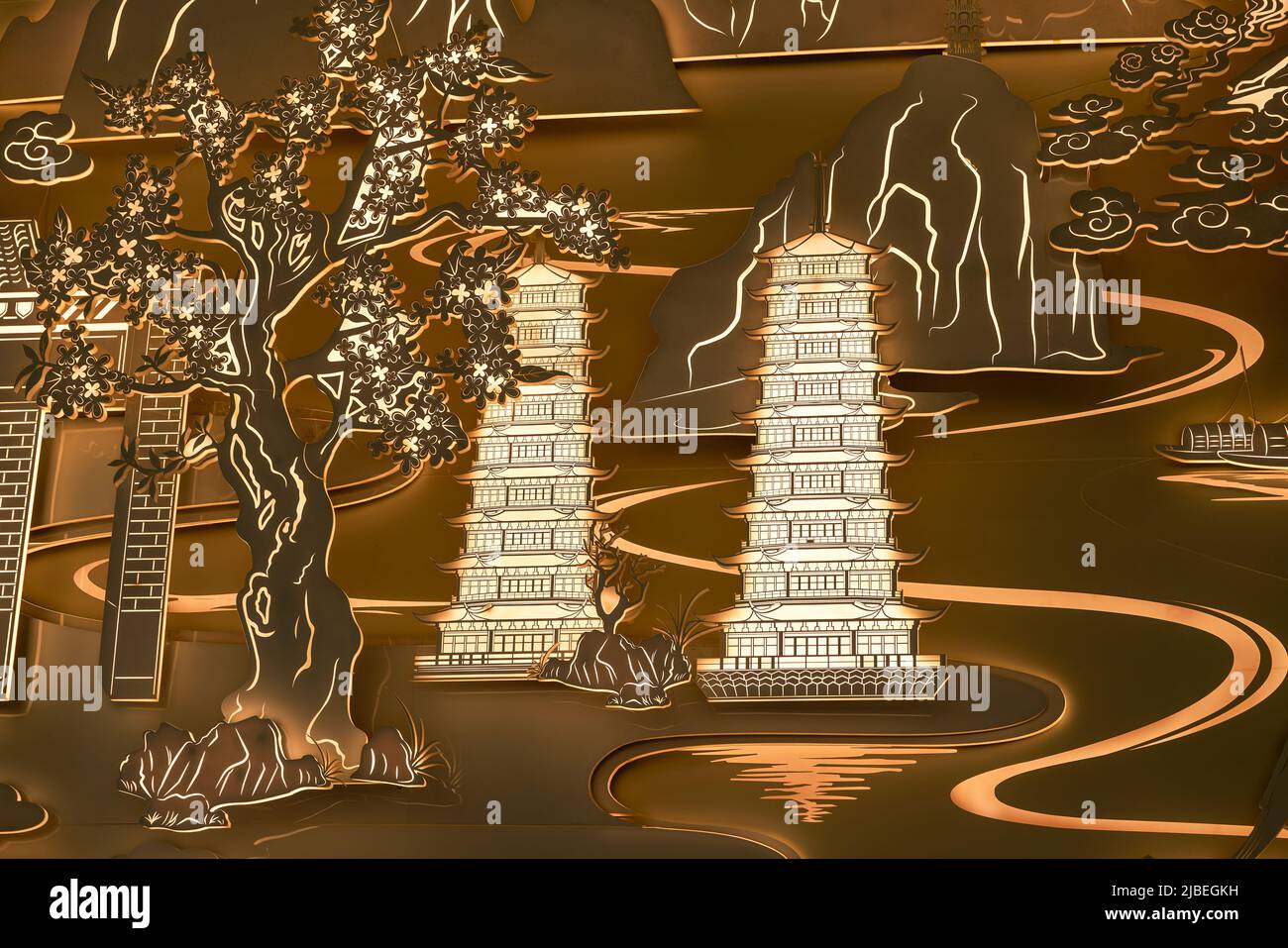 An abstract backlit mural of landscapes in Guilin, Guangxi Stock Photo ...