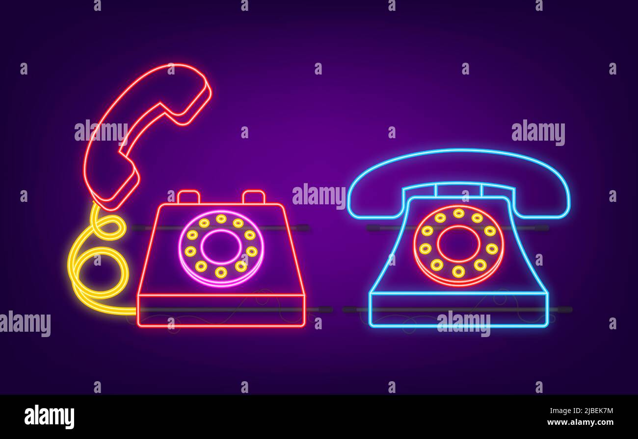 Red old phone in classic style on white background. Neon vector ...