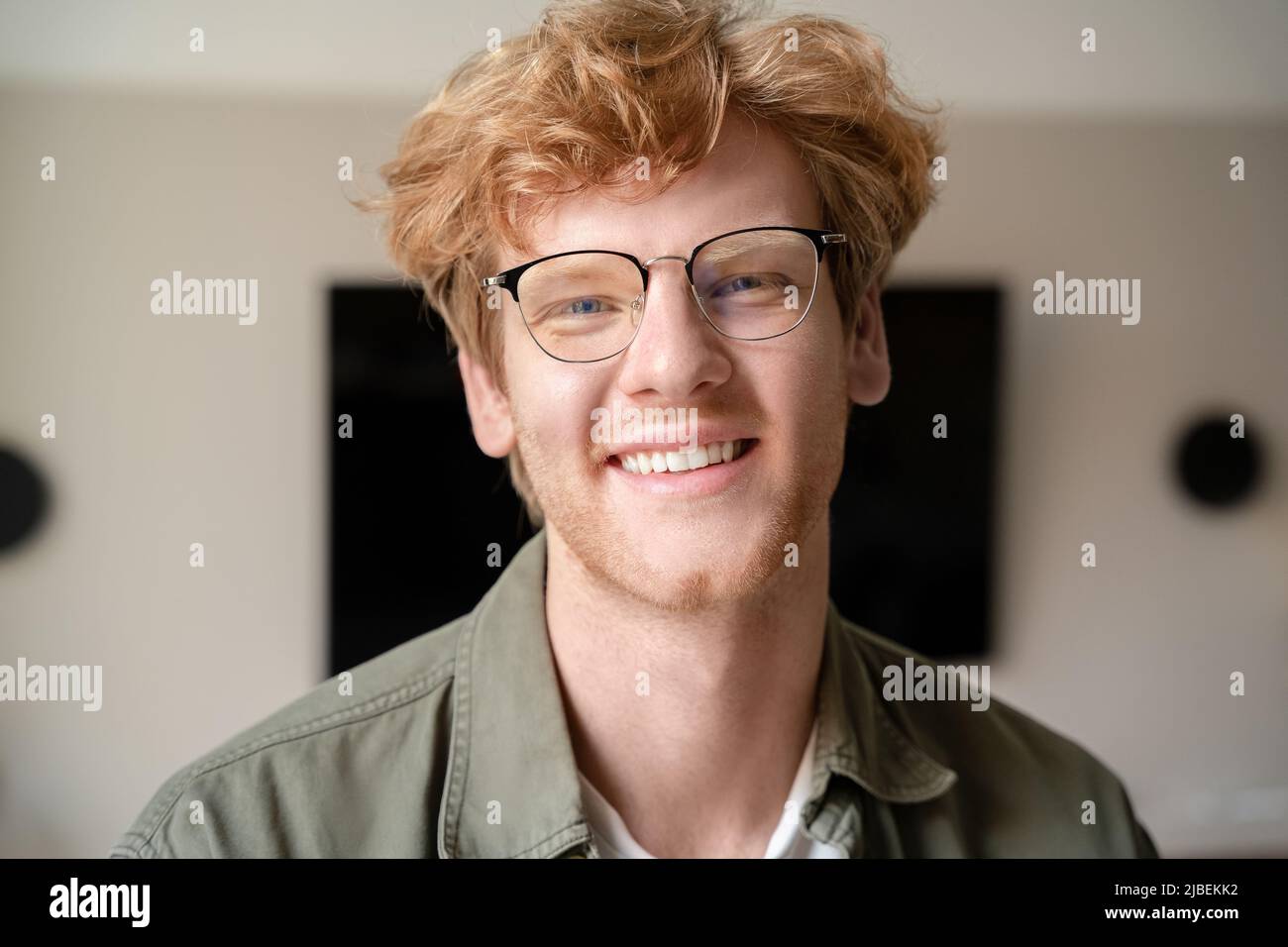 Headshot portrait of positive smiling young ginger british man Stock ...