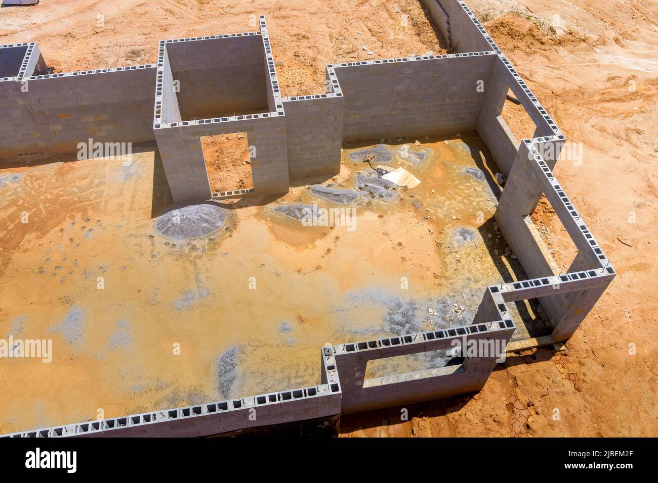 Aerial down view on construction site with concrete blocks for house ...