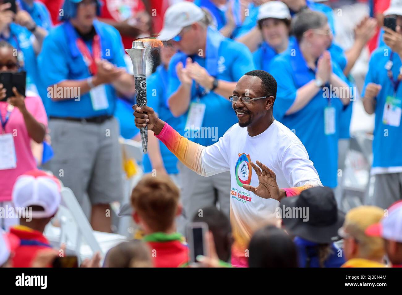 Orlando, Fl, US, June 5, 2022: Athlete DION THOMAS runs with the torch ...