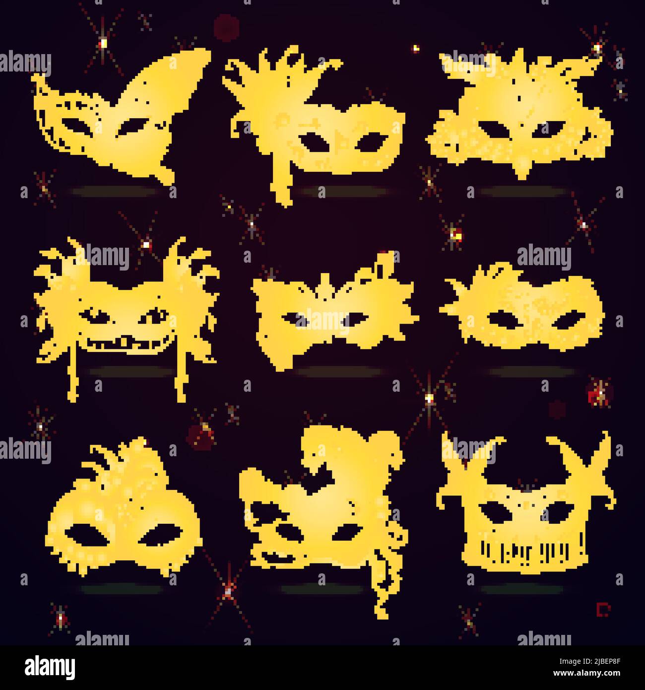Golden lace masquerade party masks set in cartoon style on dark ...