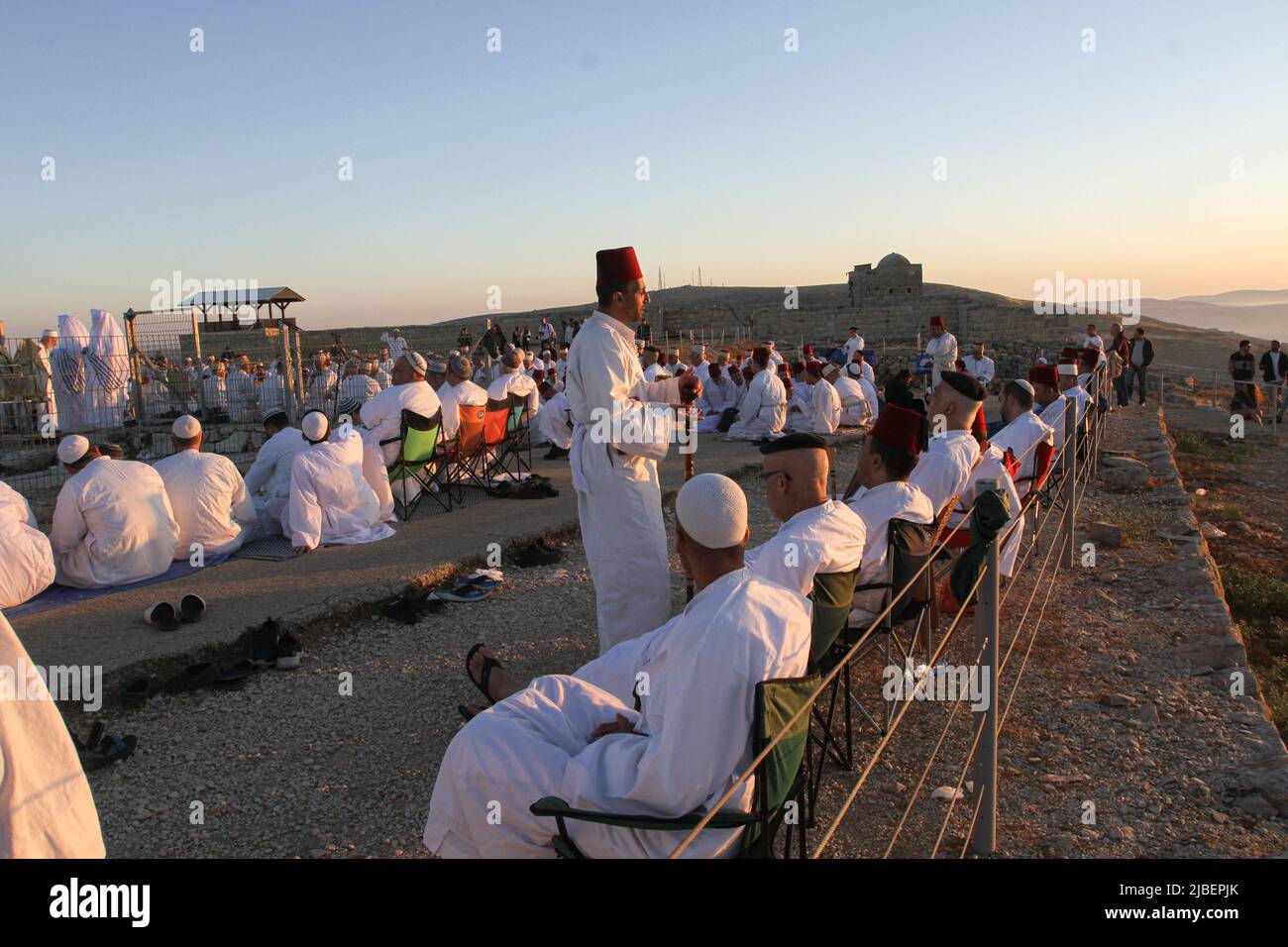 Members of the ancient Samaritan community pray during the holiday of ...