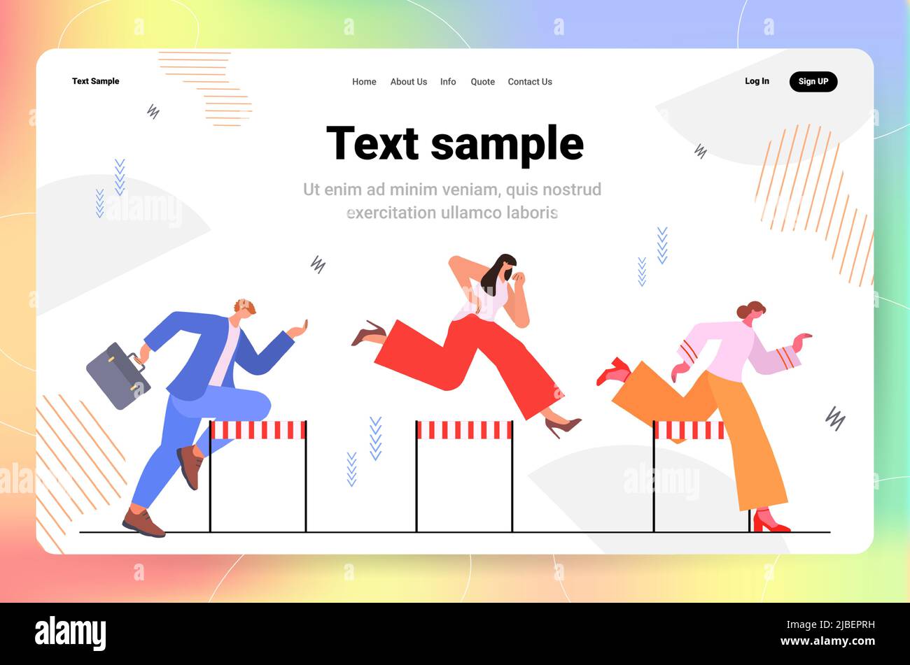 businesspeople jumping over barriers business people running to finish ...