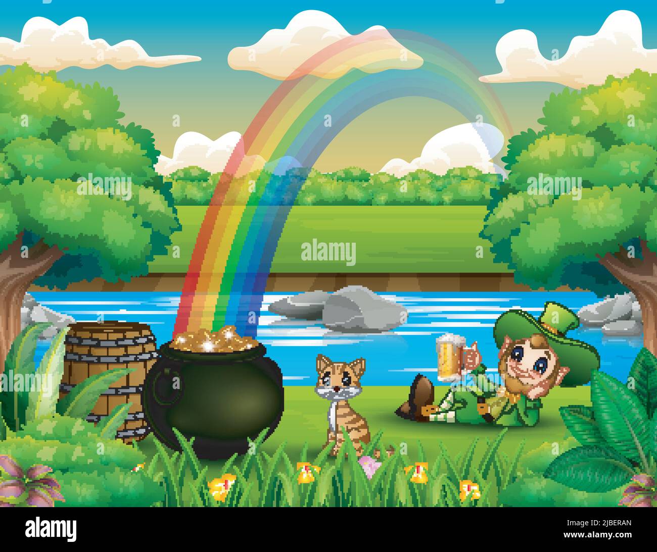 Cartoon leprechaun holding a beer on the nature background Stock Vector ...