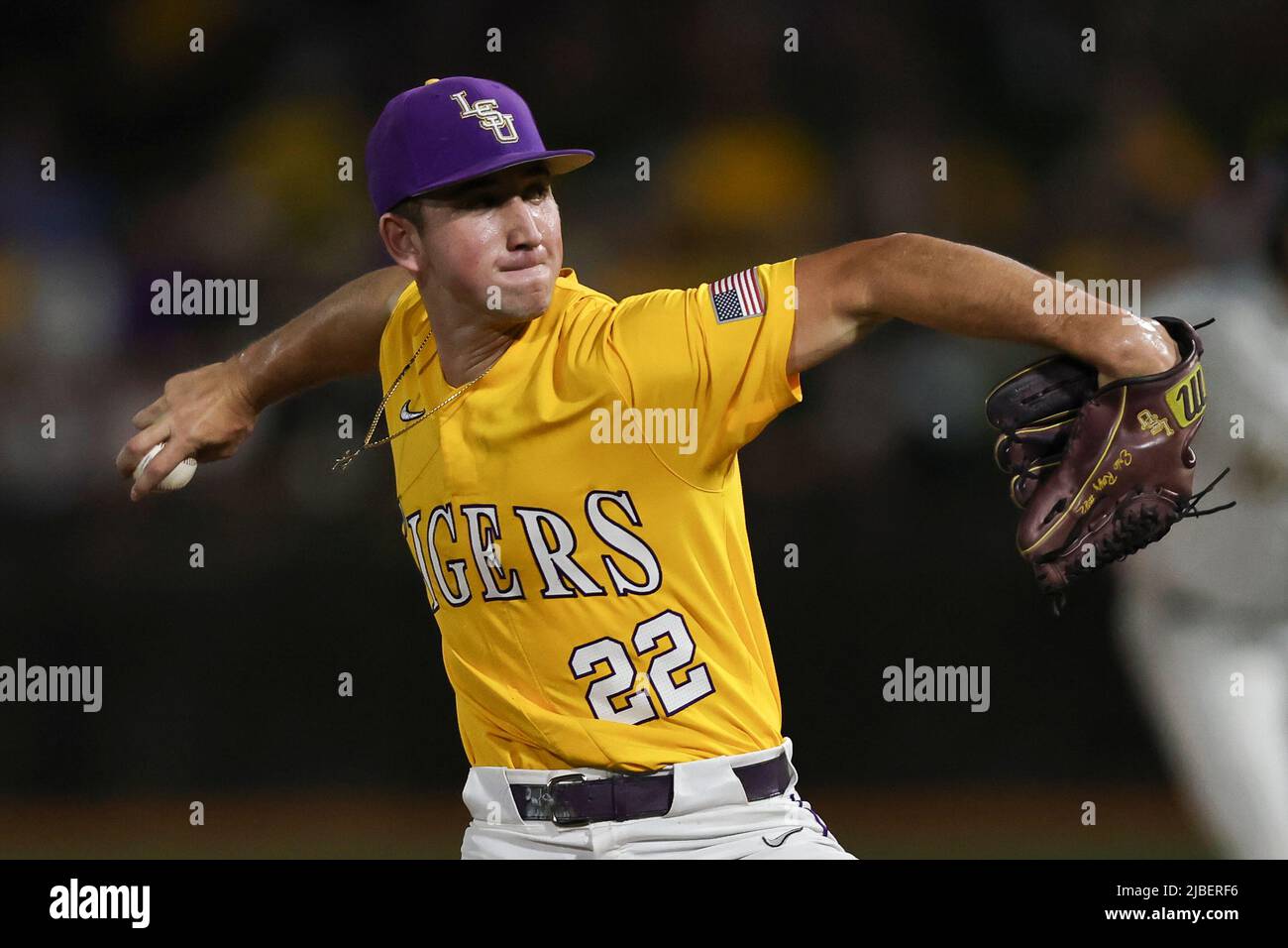 Mississippi. US, Jun 5, 2022: LSU pitcher Eric Reyzelman (22) pitches ...