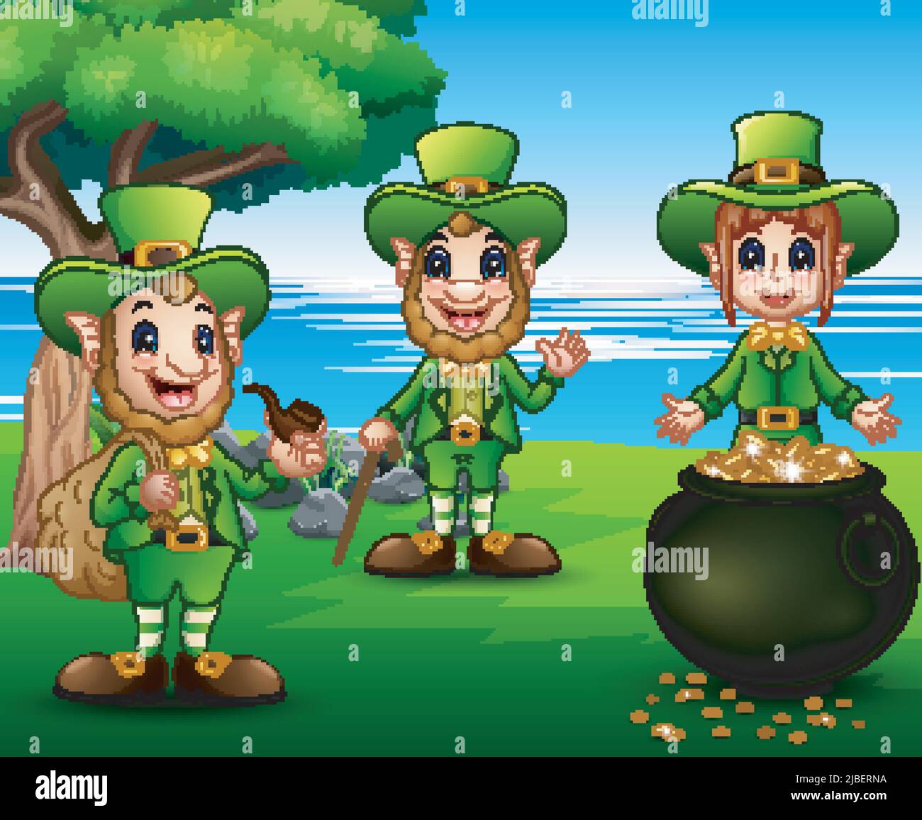Happy Cartoon Leprechauns With Pot Of Gold Coins Stock Vector Image