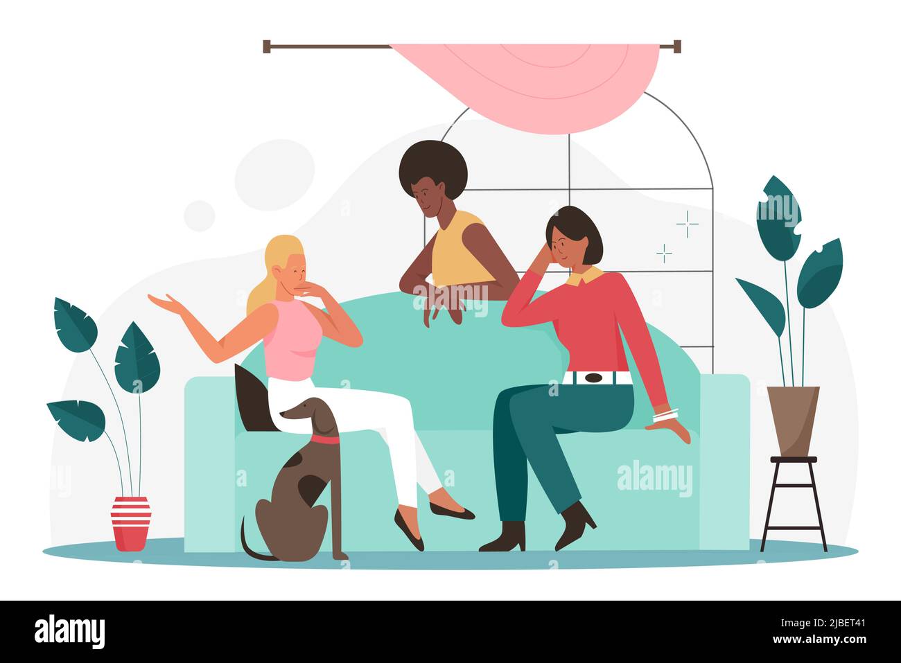 Home party of female friends. Three cheerful girls gathering together ...