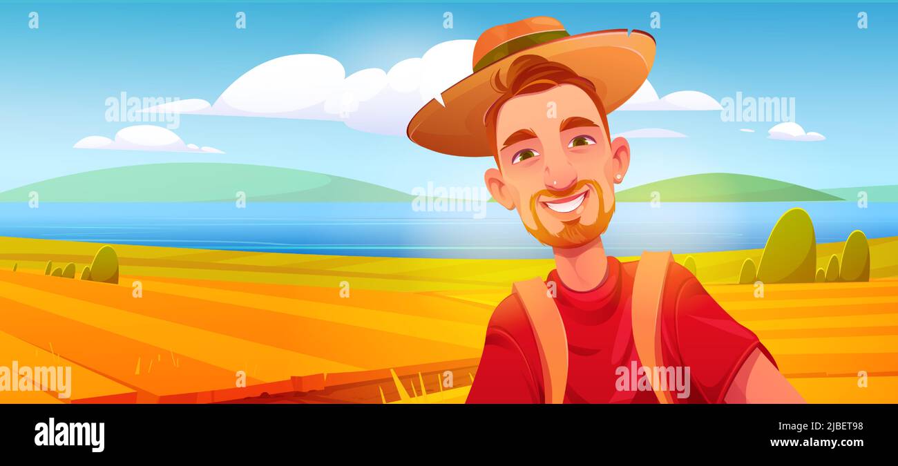 Young man smiles on background of river and agriculture fields. Vector ...