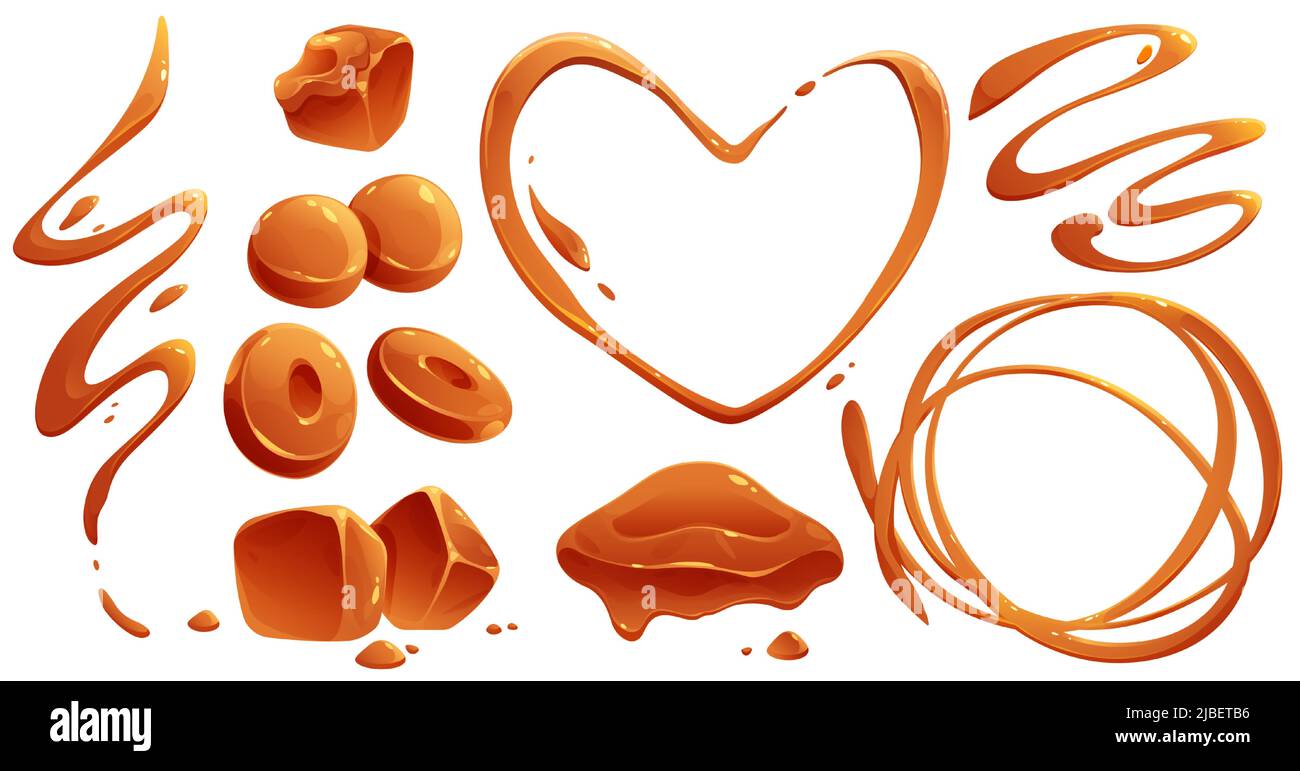 Toffee candies and liquid caramel splashes and flows. Vector cartoon ...