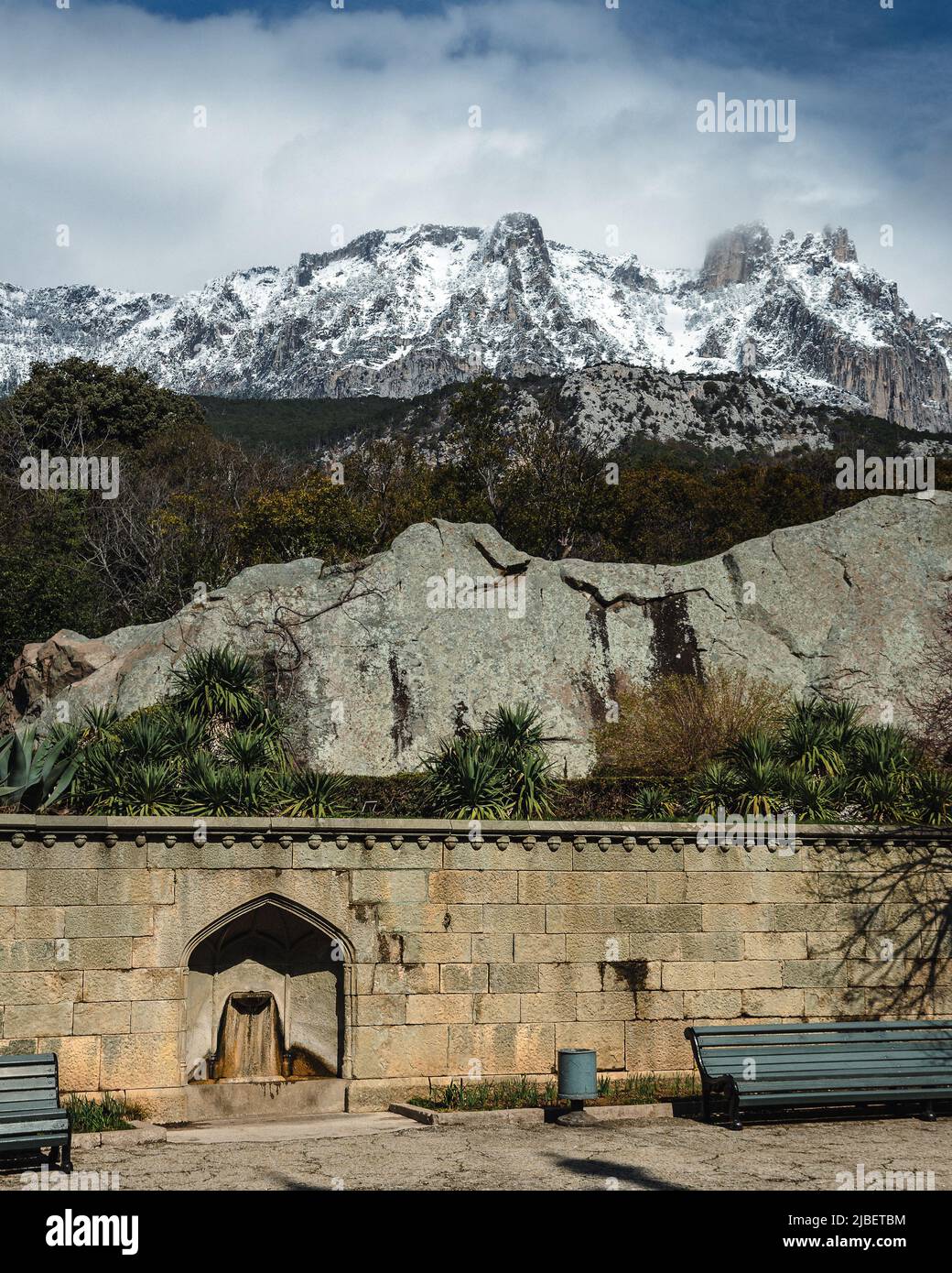 View of Ai-Petri mountains covered with snow from Vorontsov palace at ...