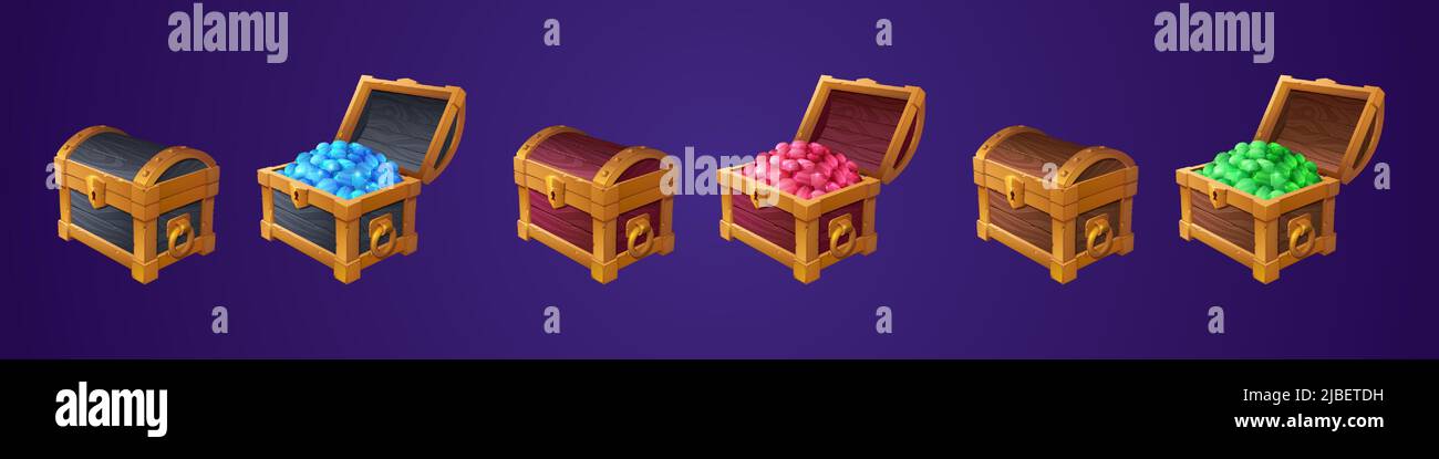 Chests with treasure, open and closed wooden box with green red blue ...