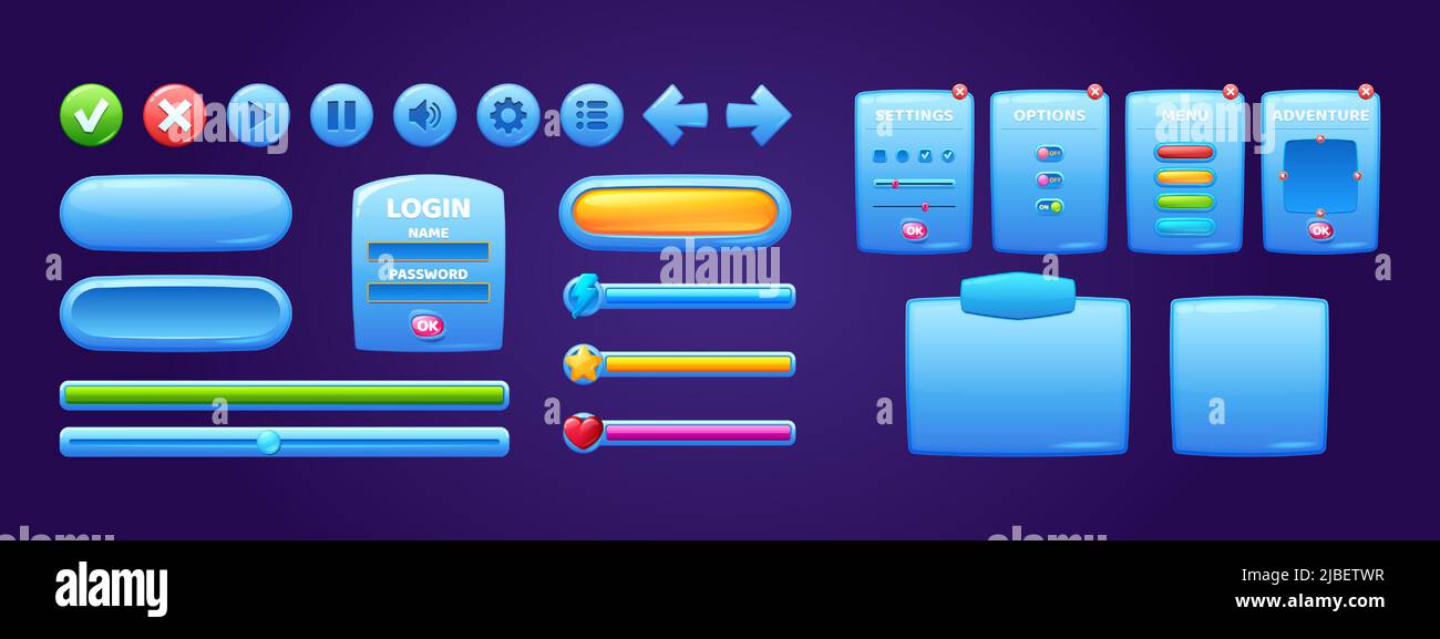 Game menu interface windows, cartoon options, settings, adventure ... Game menu interface windows, cartoon options, settings, adventure ...