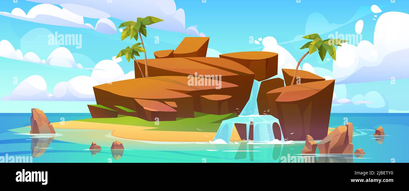 Island with waterfall in ocean, rocky isle with beach, palm trees and ...