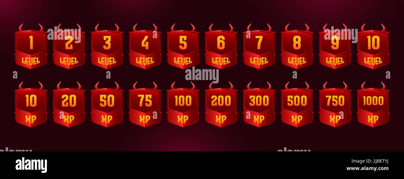 Red badges with game level number and xp points. Vector cartoon icons ...