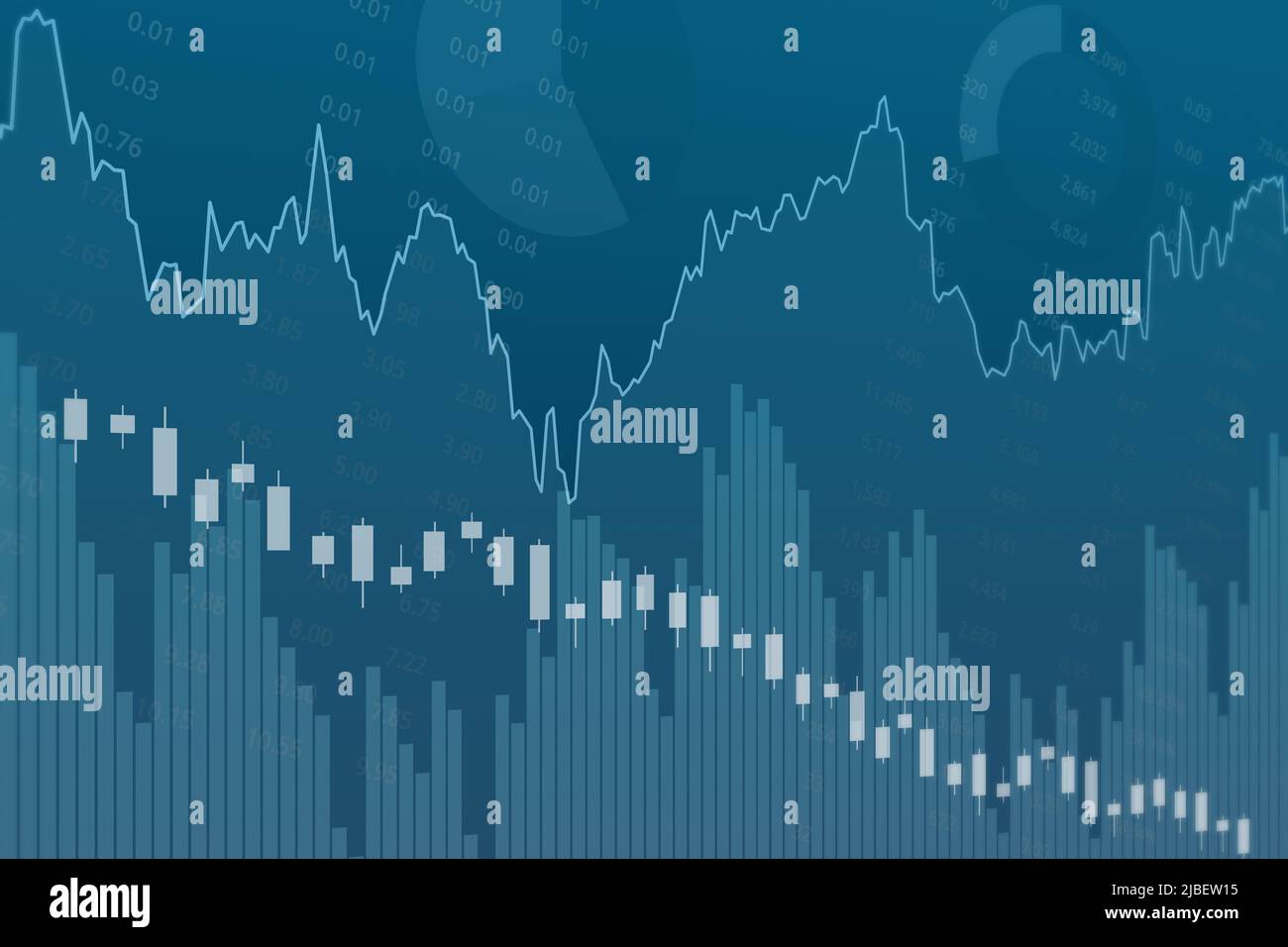 Blue finance background with numbers, columns, lines, candlesticks. Global economy concept Stock ...