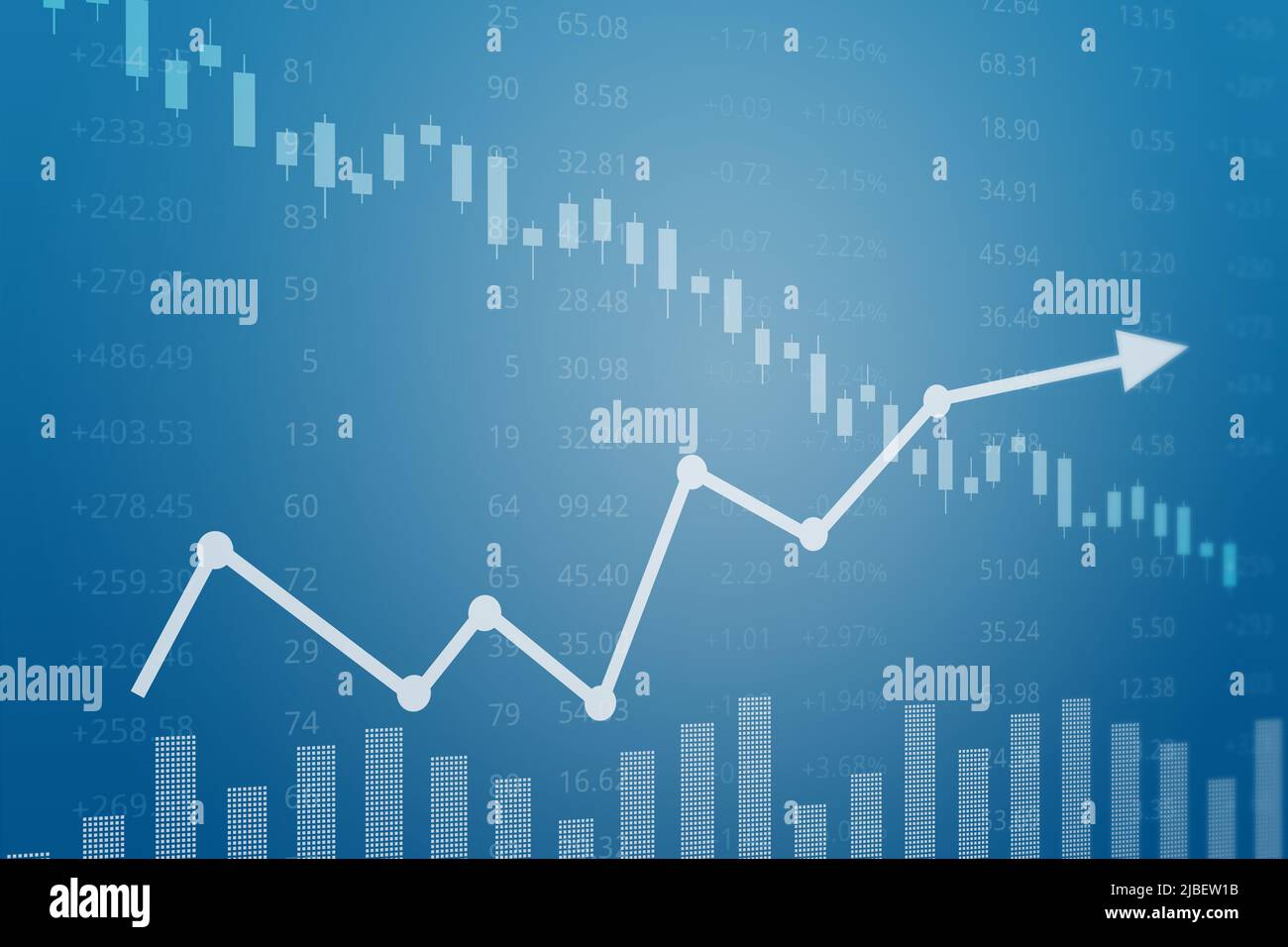 Blue finance background with numbers, candlesticks, arrow. 3D render ...