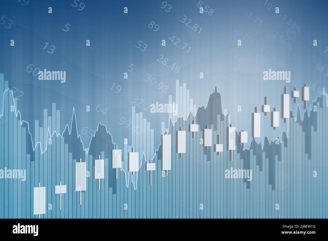 Blue finance background with numbers, columns, line, candlestick. 3D ...