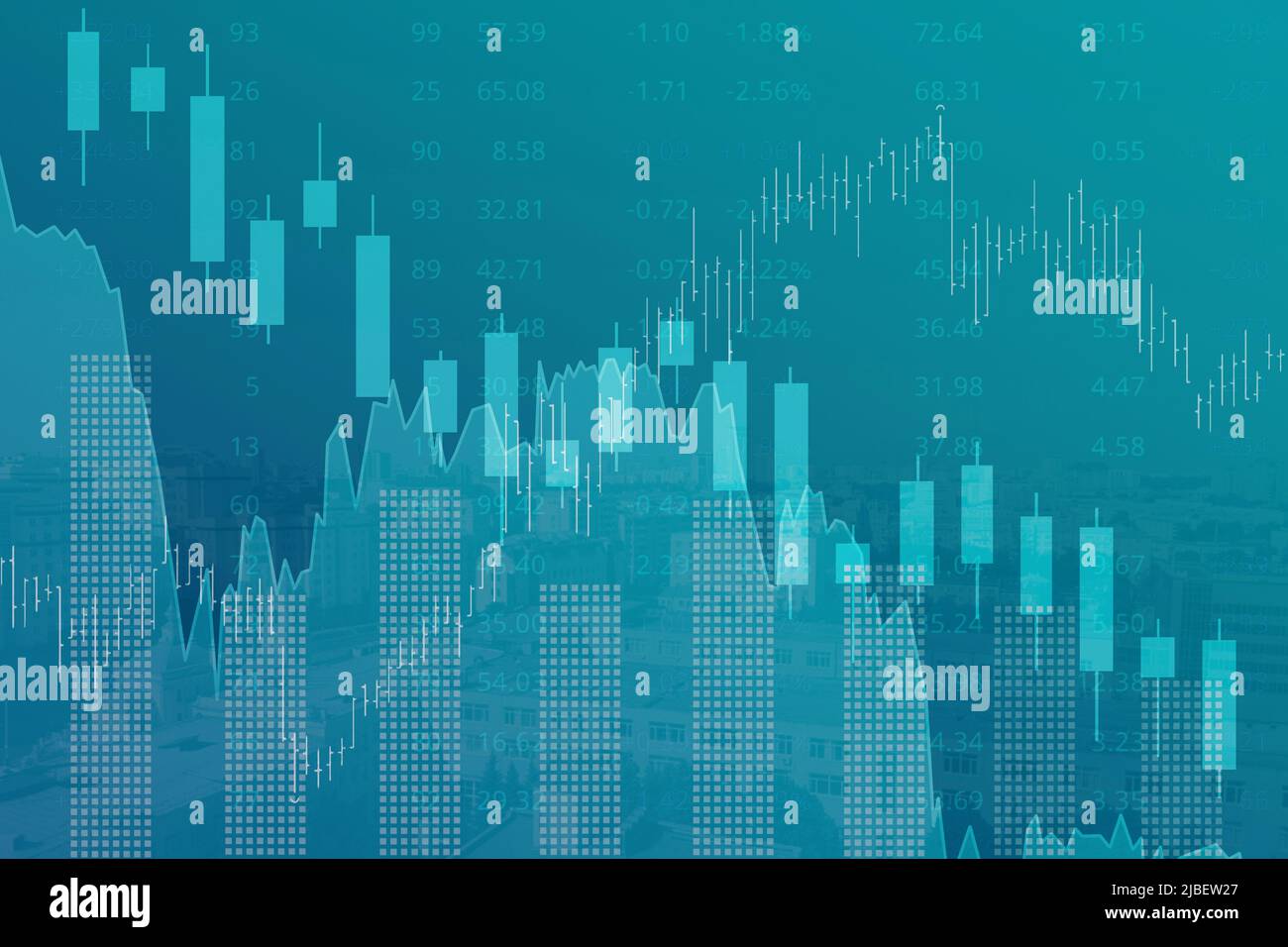 Blue finance background with numbers, columns, bars, candlesticks ...