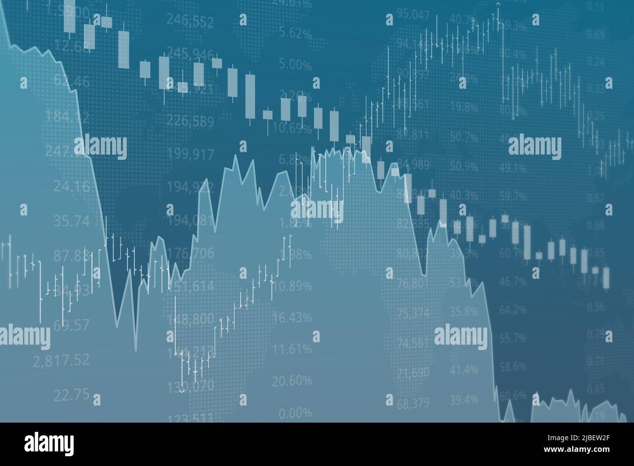 Blue finance background with numbers, candlesticks, line, bars. 3D ...