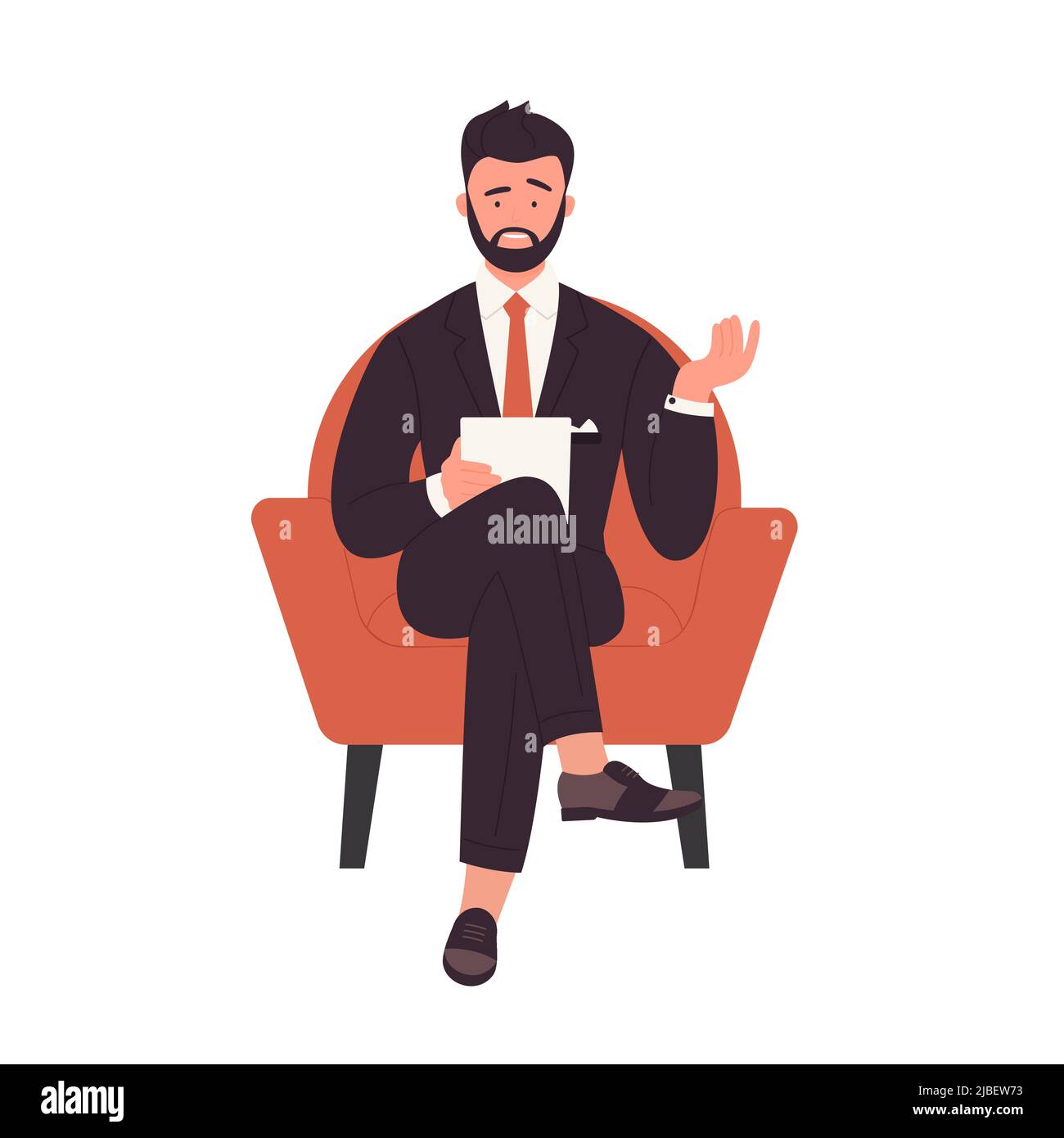 Businessman sitting in armchair. Speaking manager in black suit vector ...