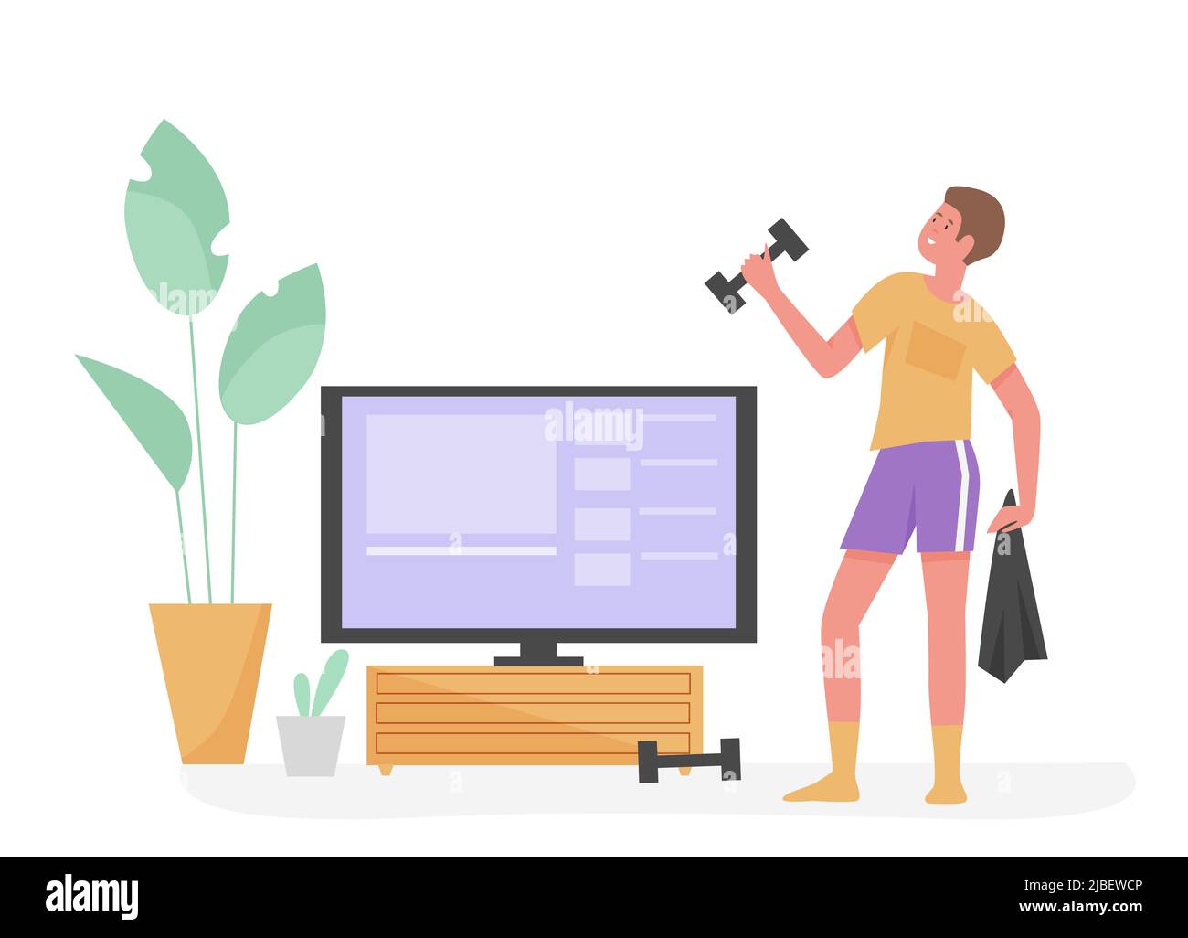 Active man doing home fitness training. Workout with dumbbells ...