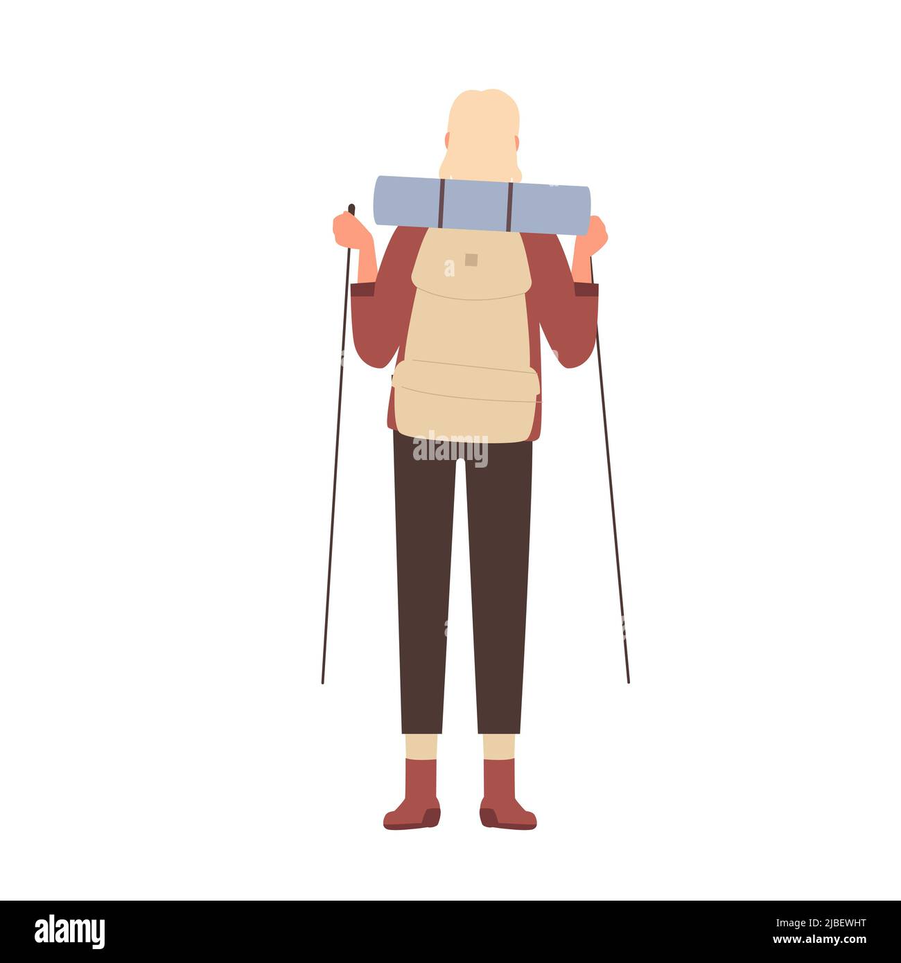 Female tourist with backpack and hiking sticks. Outdoor travelling and ...