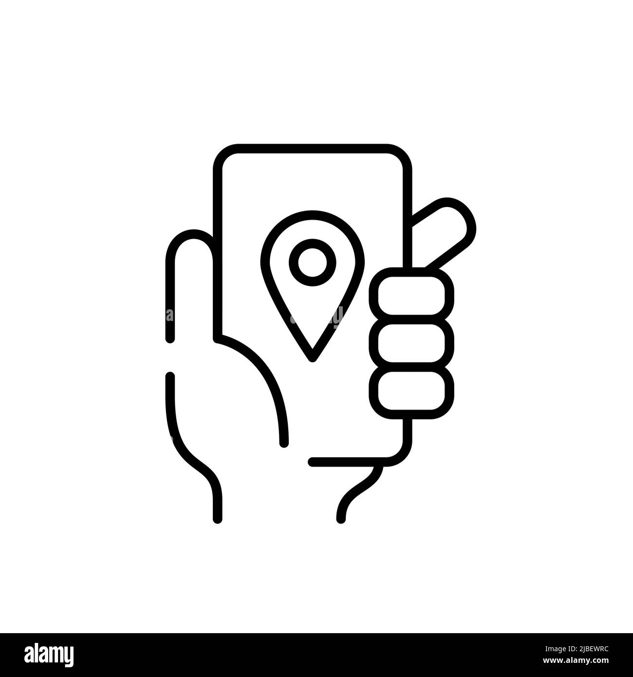 Hand holding a smartphone with a map location pointer. Pixel perfect, editable stroke line icon ...