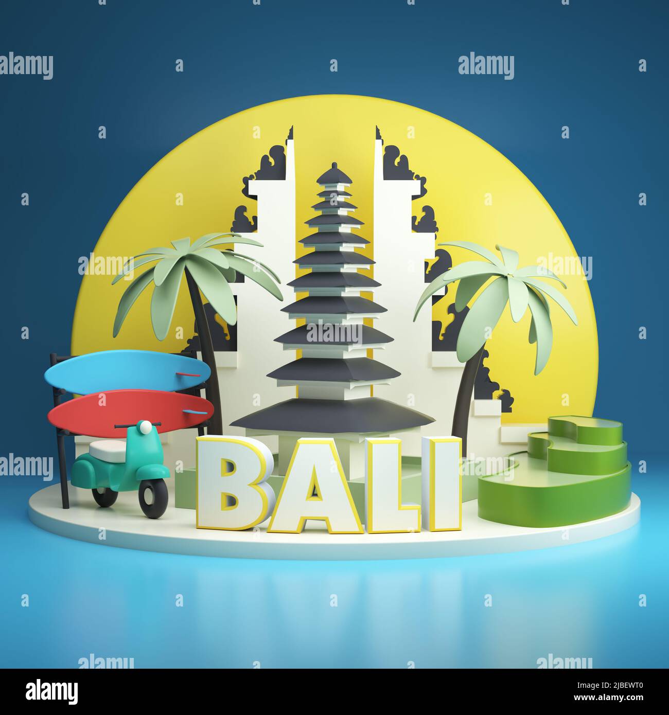 Bali attractions temple surfing and bike 3d render Stock Photo - Alamy