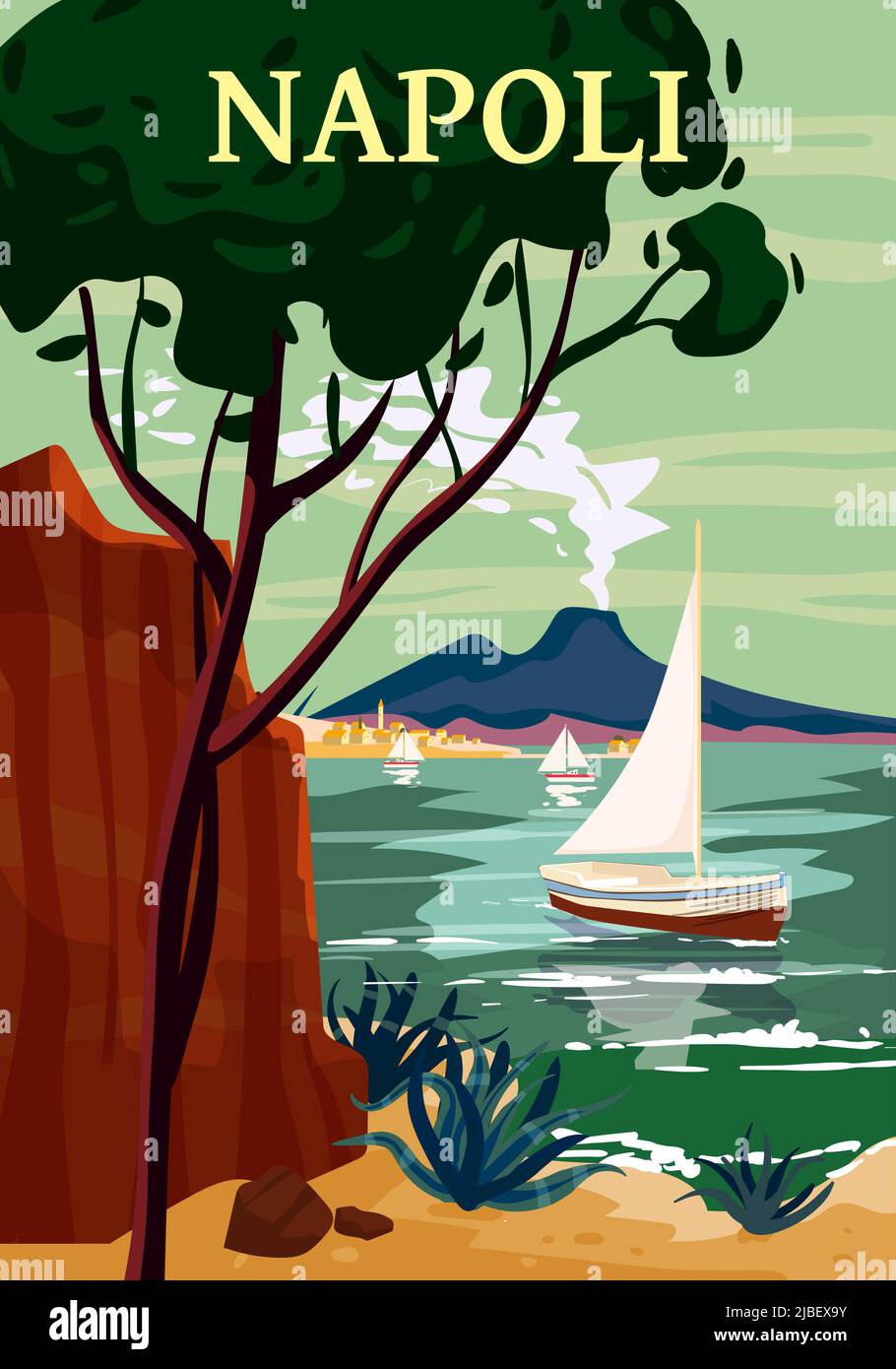 Naples Retro Poster Italia. Mediterranean sea sailboat, smoke volcano ...