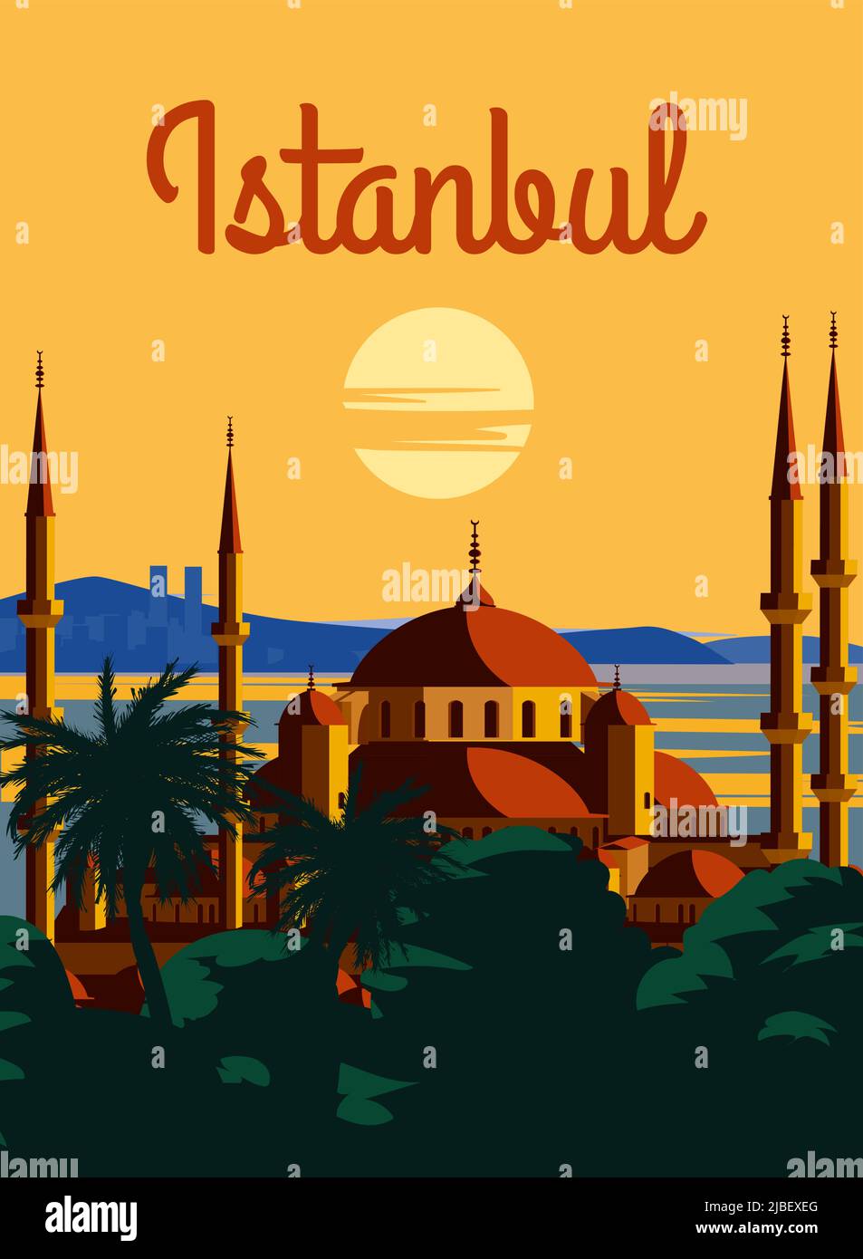 Istanbul retro poster, sunset city Turkey, Noble Hagia Sophia Grand ...