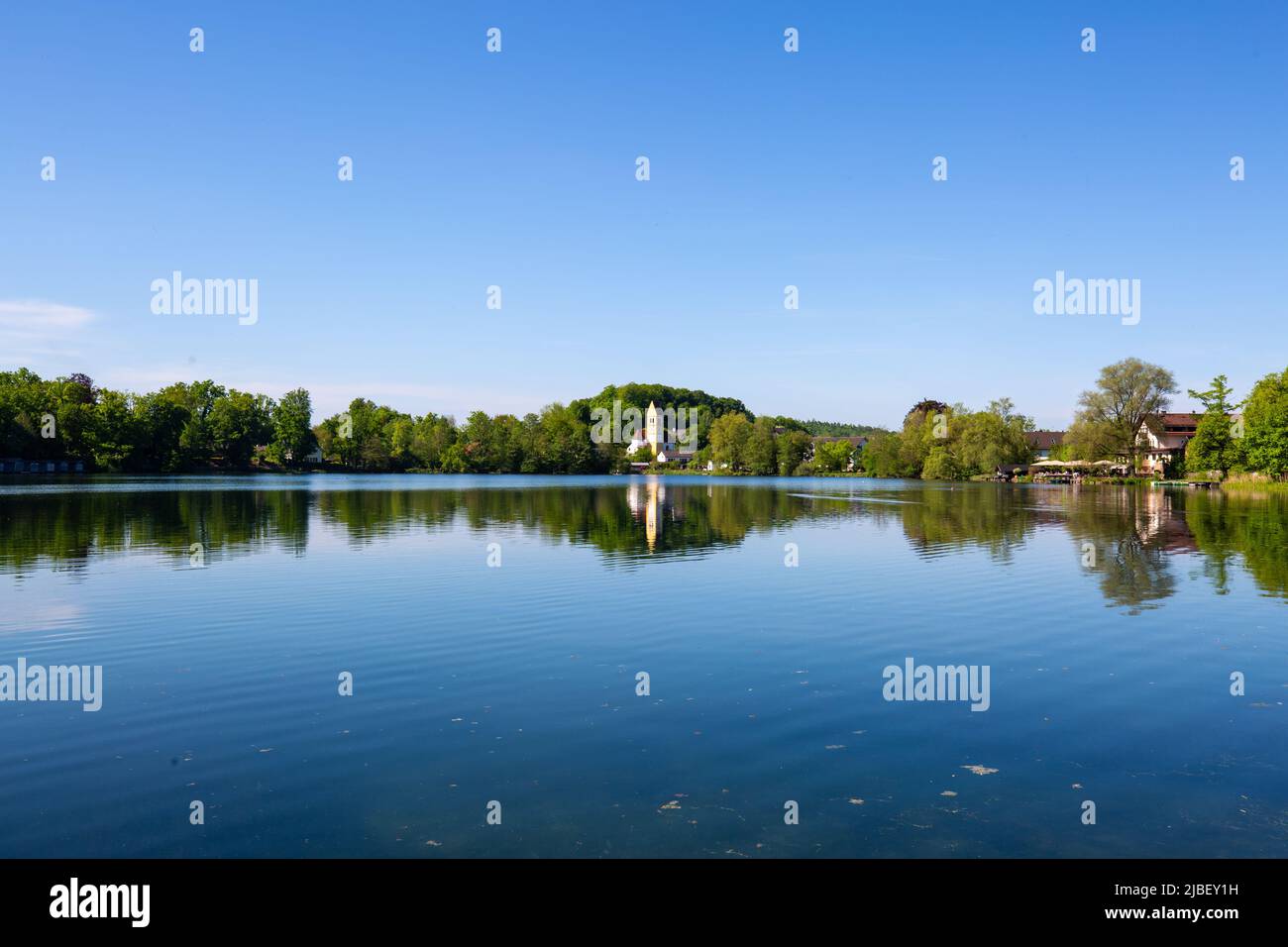 Church at the Wesslinger See, summer time, biotope and nature reserve ...