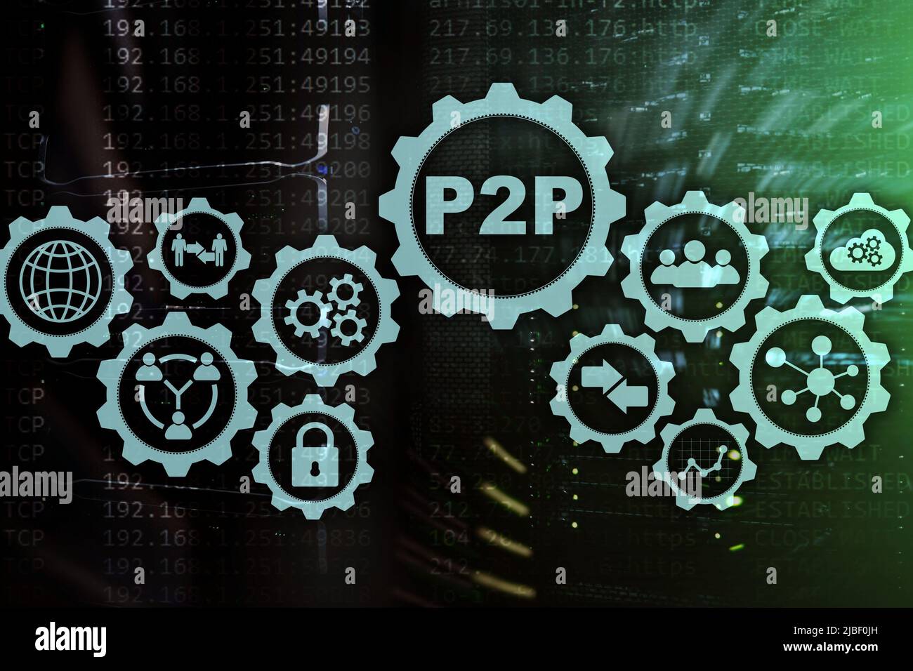Peer to peer. P2P on the virtual screen with a server room background ...
