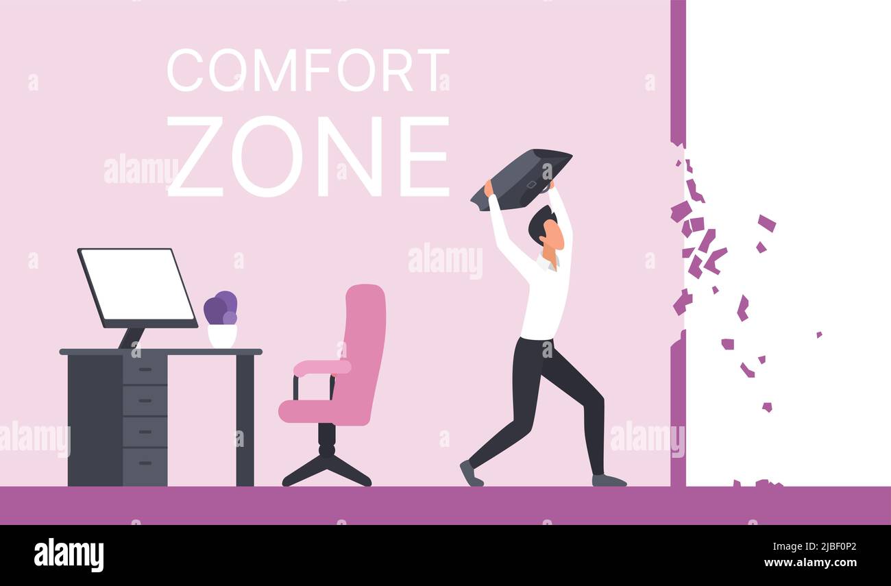 Businessman breaking boundary of comfort zone to escape stagnation and ...