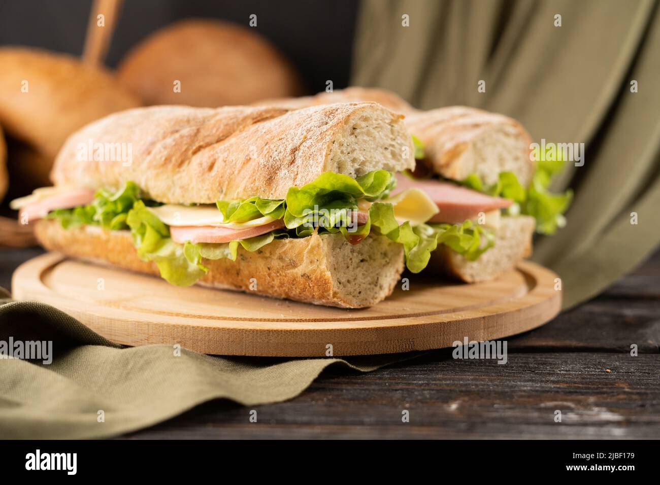 fast food concept, Two fresh submarine sandwiches with ham, cheese ...