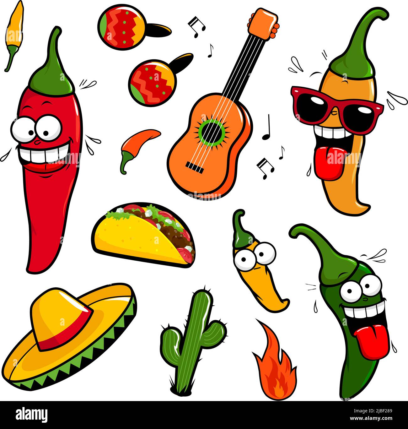 Mexican collection with cartoon chili pepper characters. Vector ...
